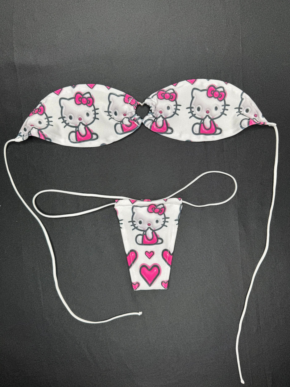 White/Pink Kitty Micro Bikini Two-Piece Lingerie Outfit