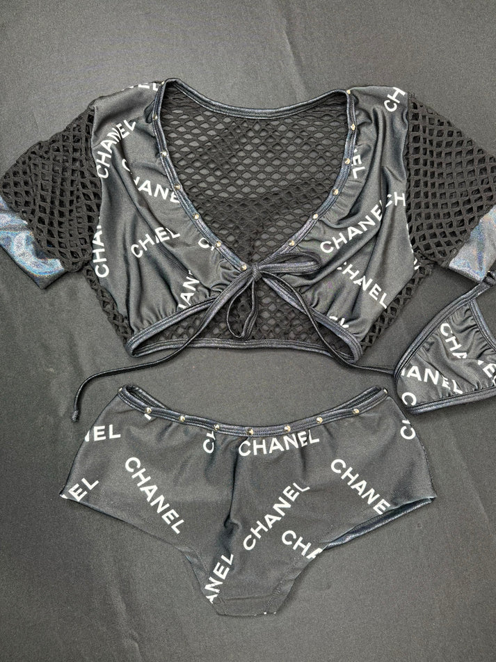 Black Designer Spandex Fishnet Two-Piece Lingerie Outfit – Lingeriebydylan