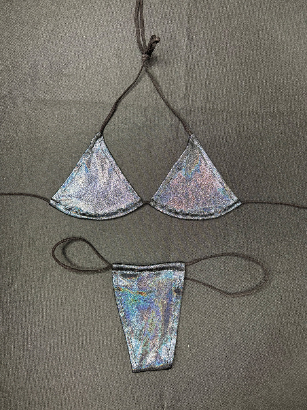 Metallic Black Two-Piece Micro Bikini Lingerie Outfit