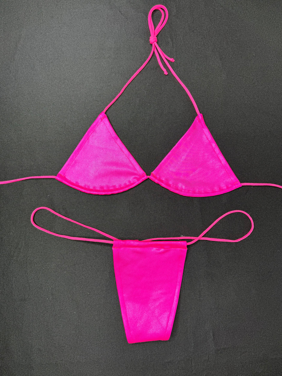 Metallic Pink Micro Bikini Two-Piece Lingerie Outfit