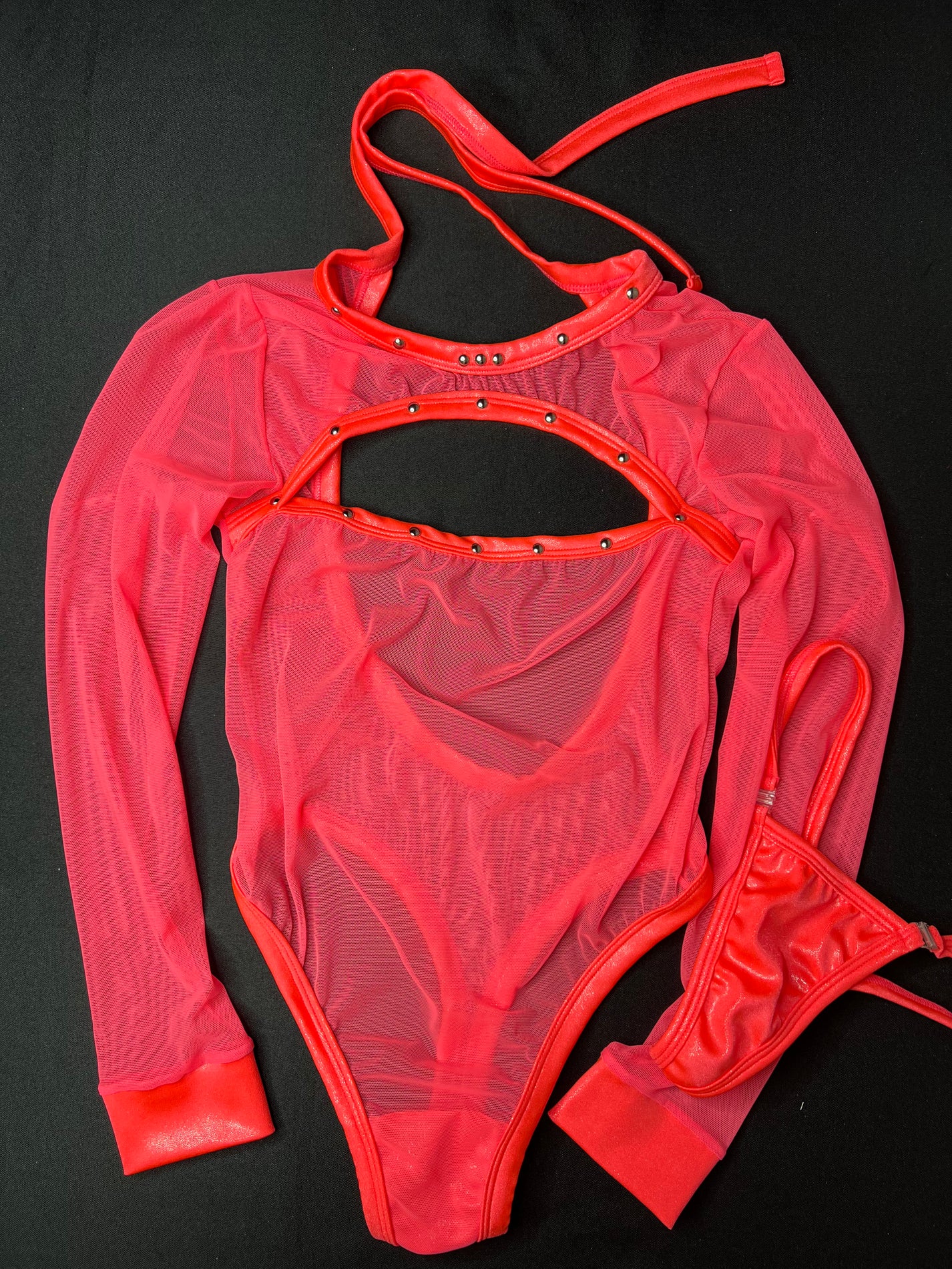 Red Mesh/Metallic Red Trim One-Piece Leotard Lingerie Outfit ...