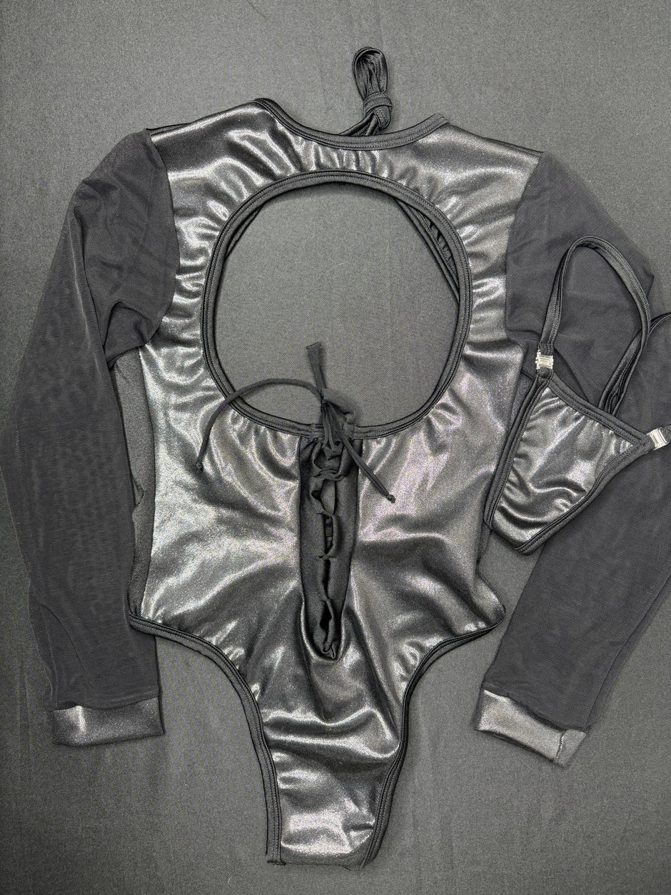 Metallic Black/Black Mesh One-Piece Leotard Lingerie Outfit