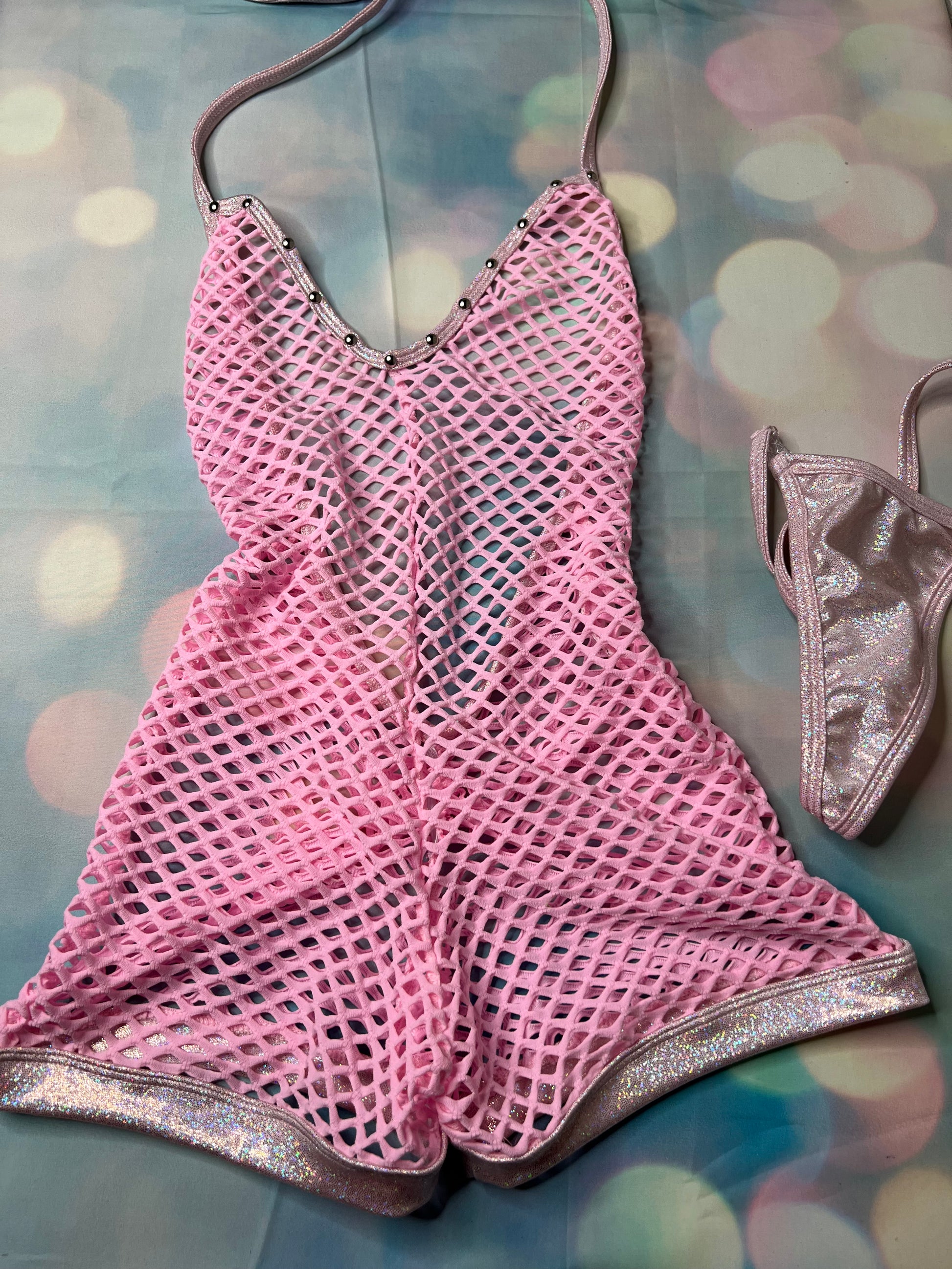 Baby Pink Fishnet Exotic Dance Wear One-Piece Outfit - Lingeriebydylan