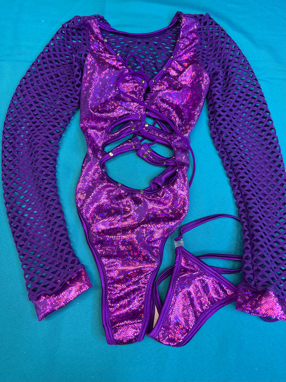 Metallic Purple Stretch Fabric and Purple Fishnet Lingerie Outfit ...